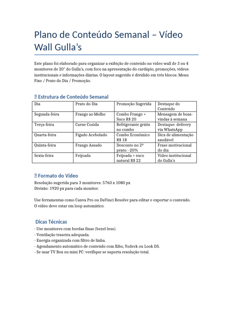 Plano Conteudo VideoWall Gullas | PDF