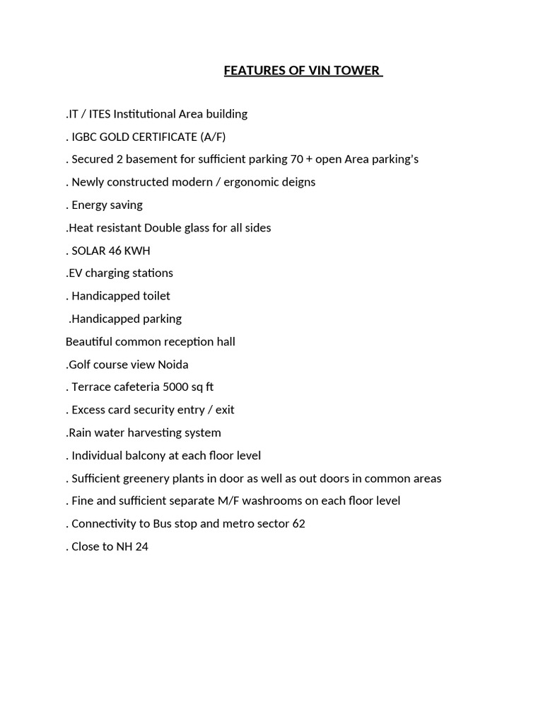 Features of Vin Tower: Modern Office Space | PDF