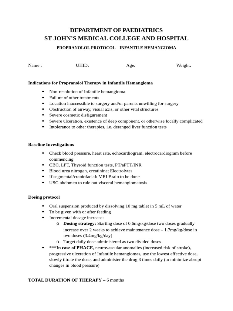 Propranolol Protocol for Infantile Hemangioma | PDF | Dose ...