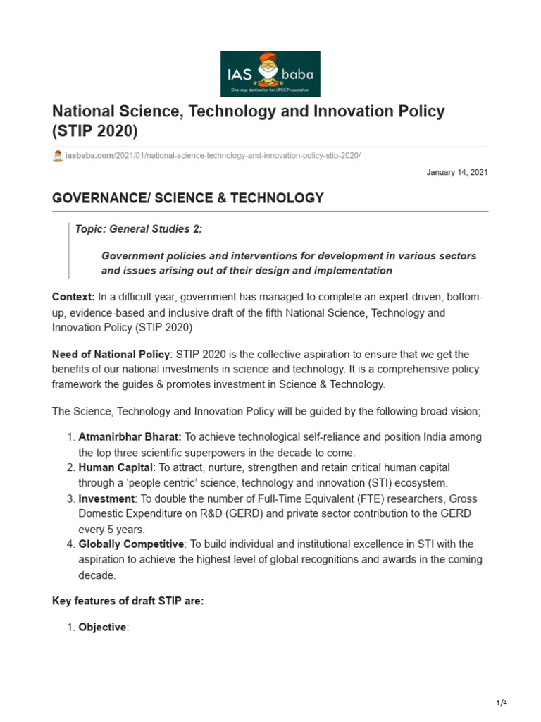 National Science Technology and Innovation Policy STIP 2020 | PDF ...