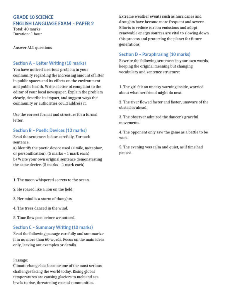 Grade 10 English Paper 2 Exam Guide | PDF | Climate Change | Nature