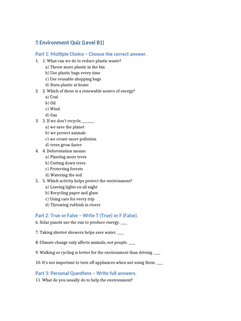 Environment Quiz for B1 Learners | PDF