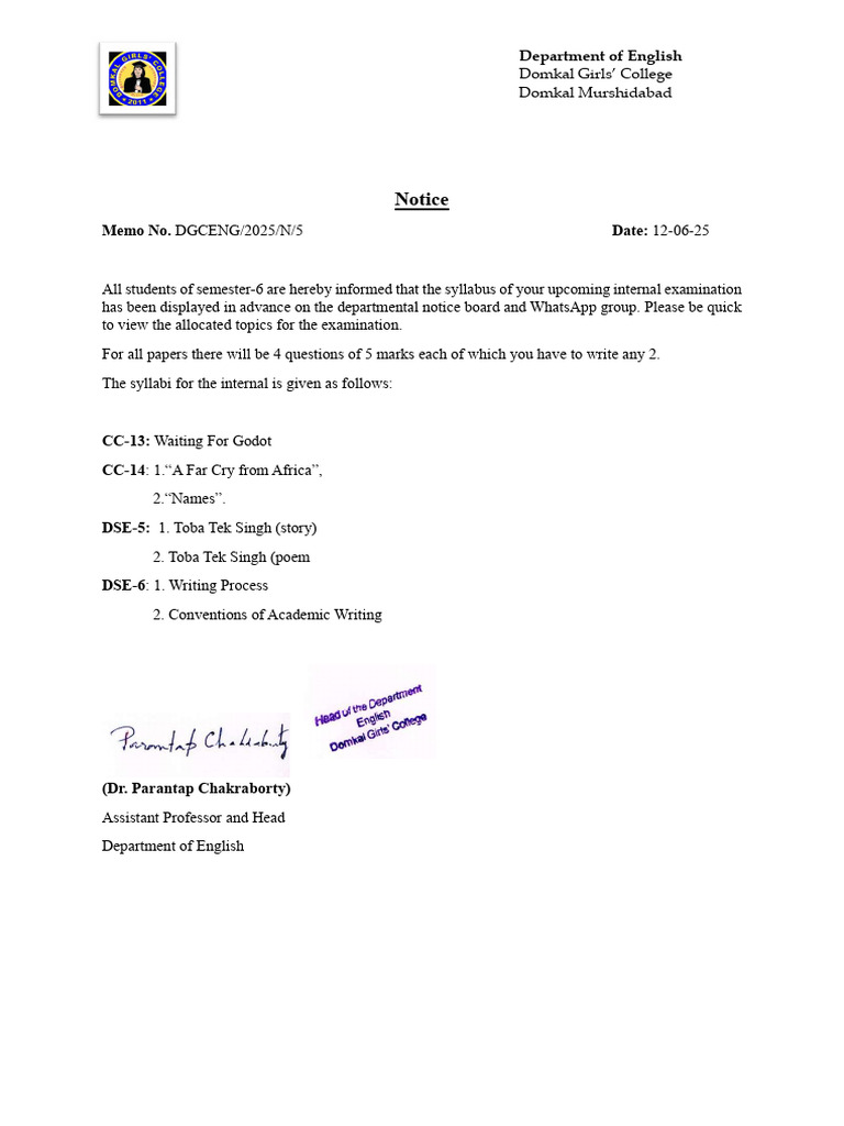 Internal Notice Sem-6 Corrigendum | PDF