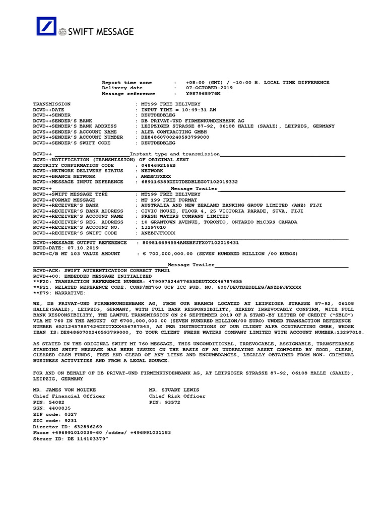700M MT 199 Conf. of Cash-Backed SBLC Via MT 760-Ucp N. 600-Compliant ...