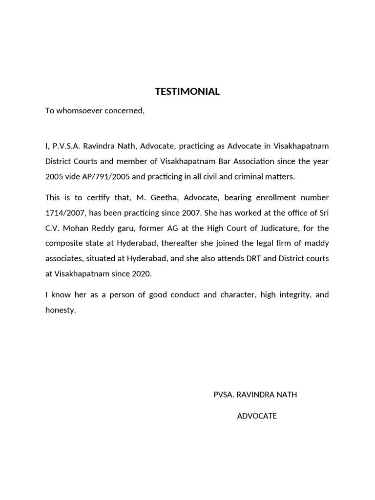 Advocate M. Geetha's Professional Testimonial | PDF