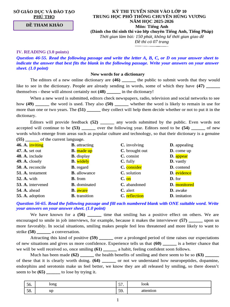 CHUYÊNde Minh Hoa Ky Thi Tuyen Sinh Vao Lop 10 Chuyen Tieng Anh Nam 2025 2026 Tinh Phu Tho | PDF ...