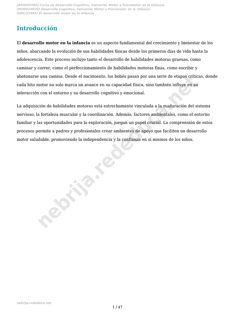 El Desarrollo Motor en La Infancia | PDF | Desarrollo cognitivo | Aprendizaje