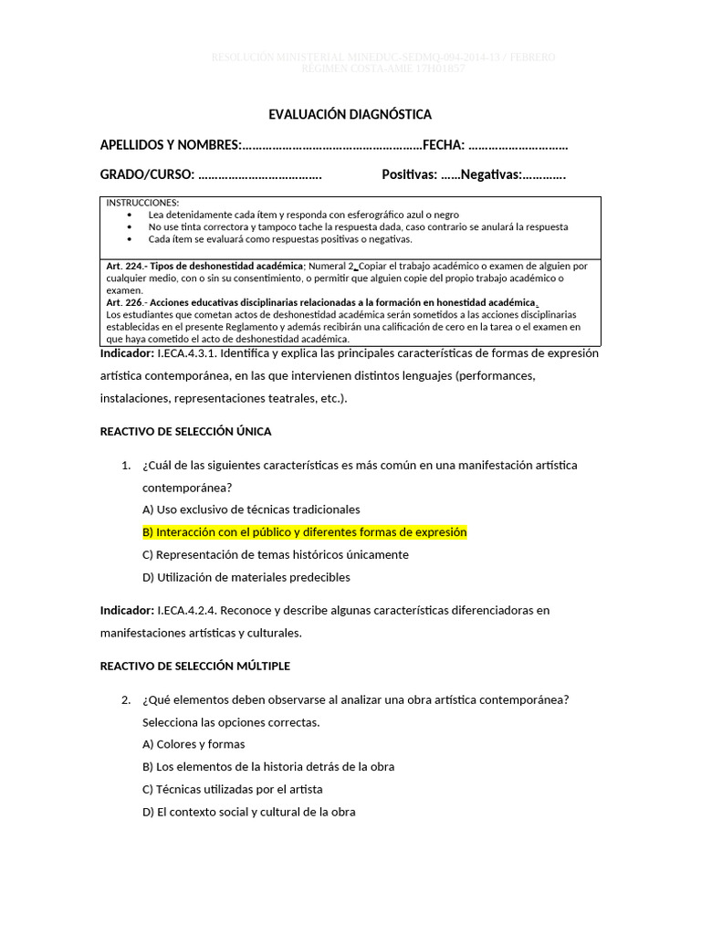 Evaluacion Diagnostica 9no Egb Eca | PDF | Arte de performance | Arte de instalación