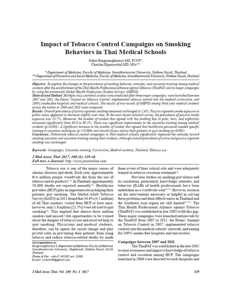 Impact of Tobacco Control Campaigns On Smoking Behaviors in Thai Medical Schools | PDF | Tobacco ...