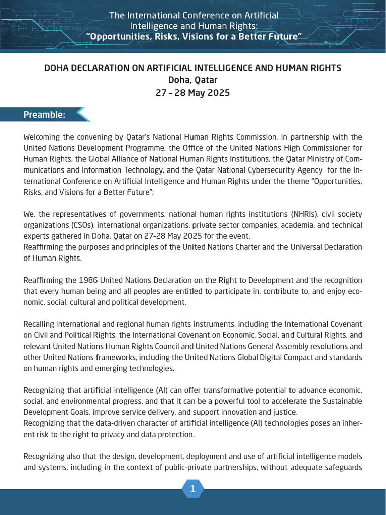 Doha AI and Human Rights Declaration | PDF | Intelligence (AI ...
