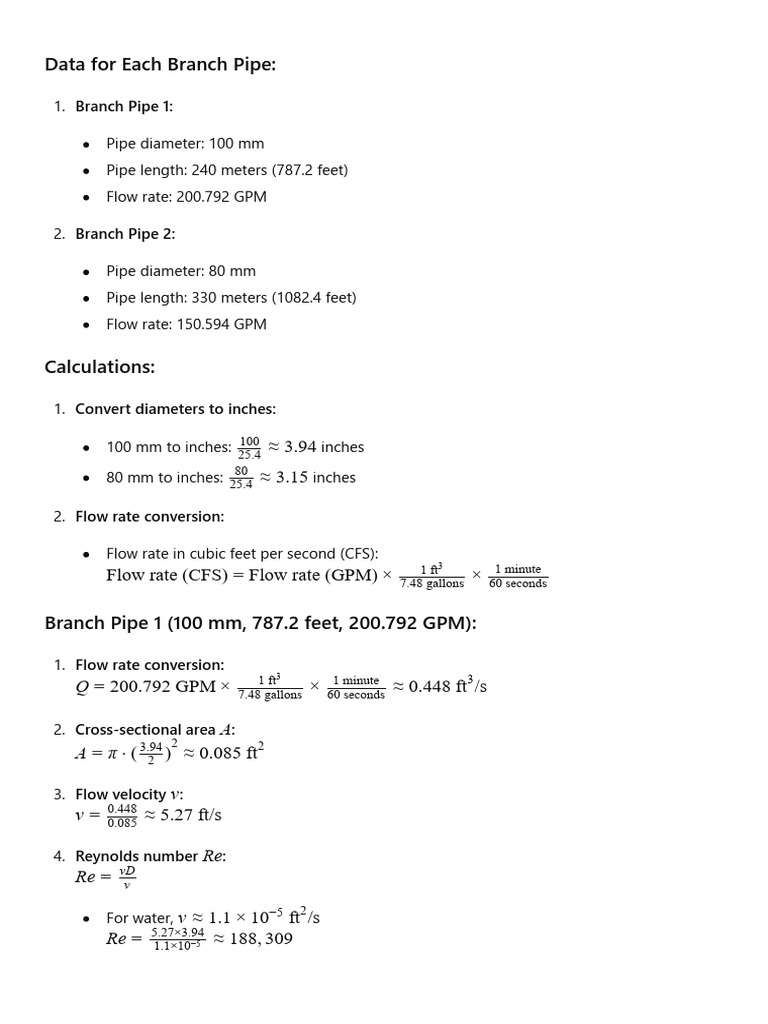 Brach Pipe Calculation Sheet | PDF | Flow Measurement | Gallon