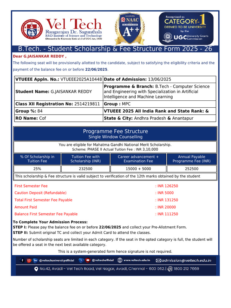 Scholarship Form VTUEEE2025A10448 | PDF | Fee | Payments