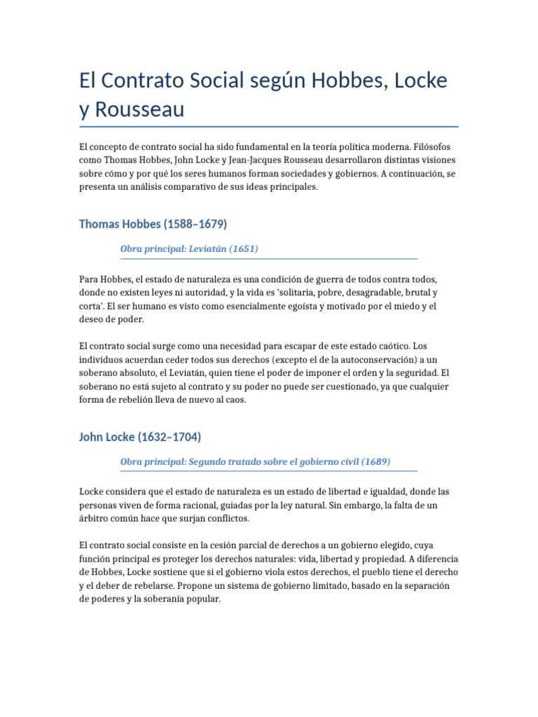 Contrato Social: Hobbes, Locke y Rousseau | PDF | Contrato social ...