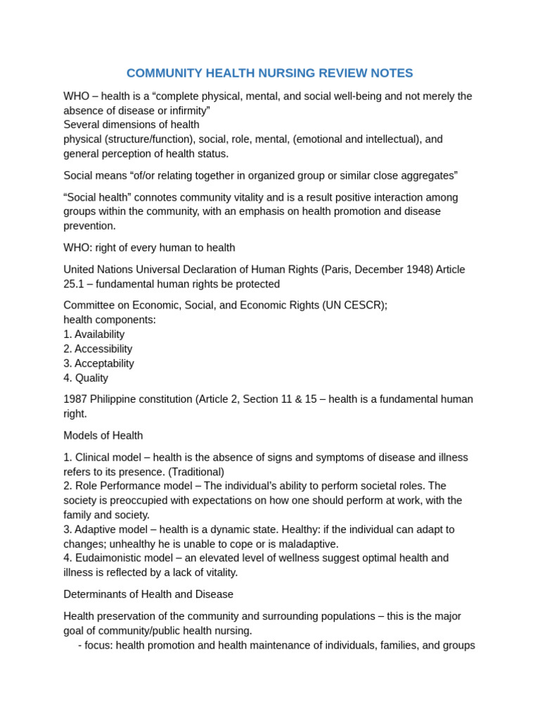 Community Health Nursing Review Notes | PDF | Obesity | Preventive ...