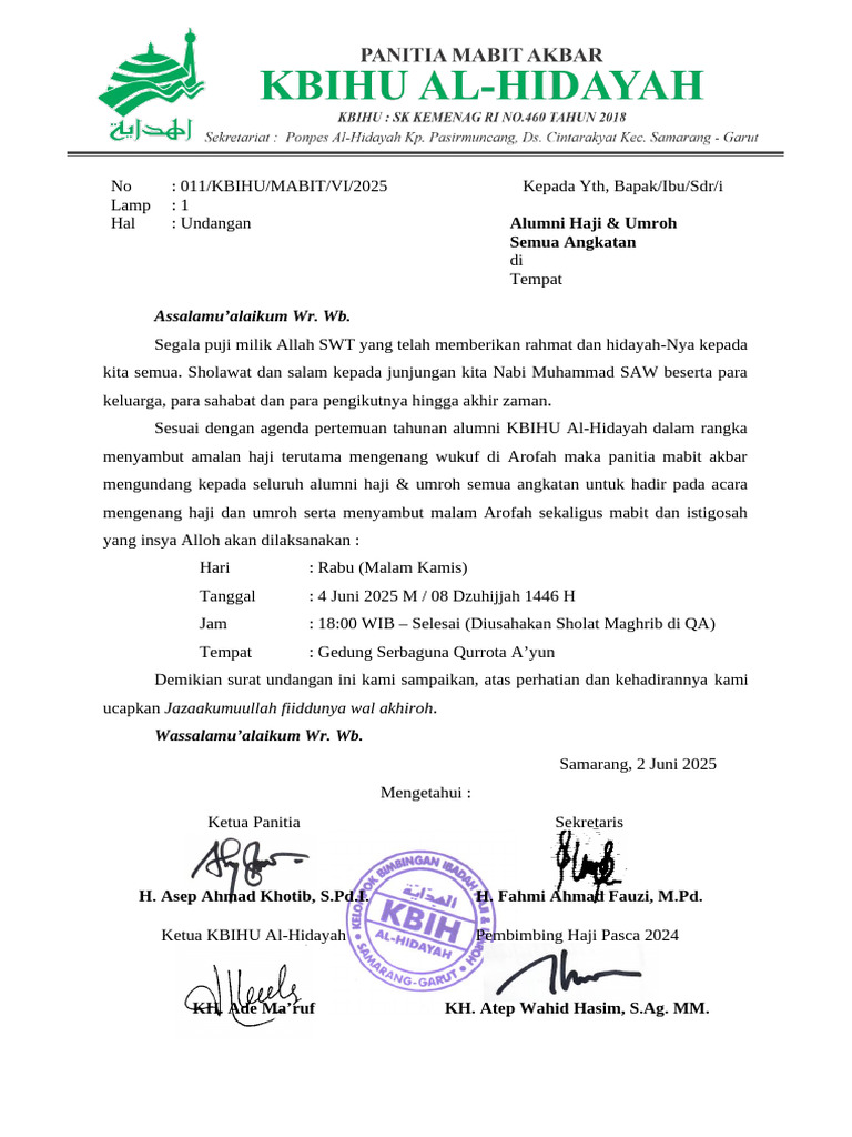 Undangan Silaturahmi & Mabit KBIHU Al-Hidayah 2025 | PDF