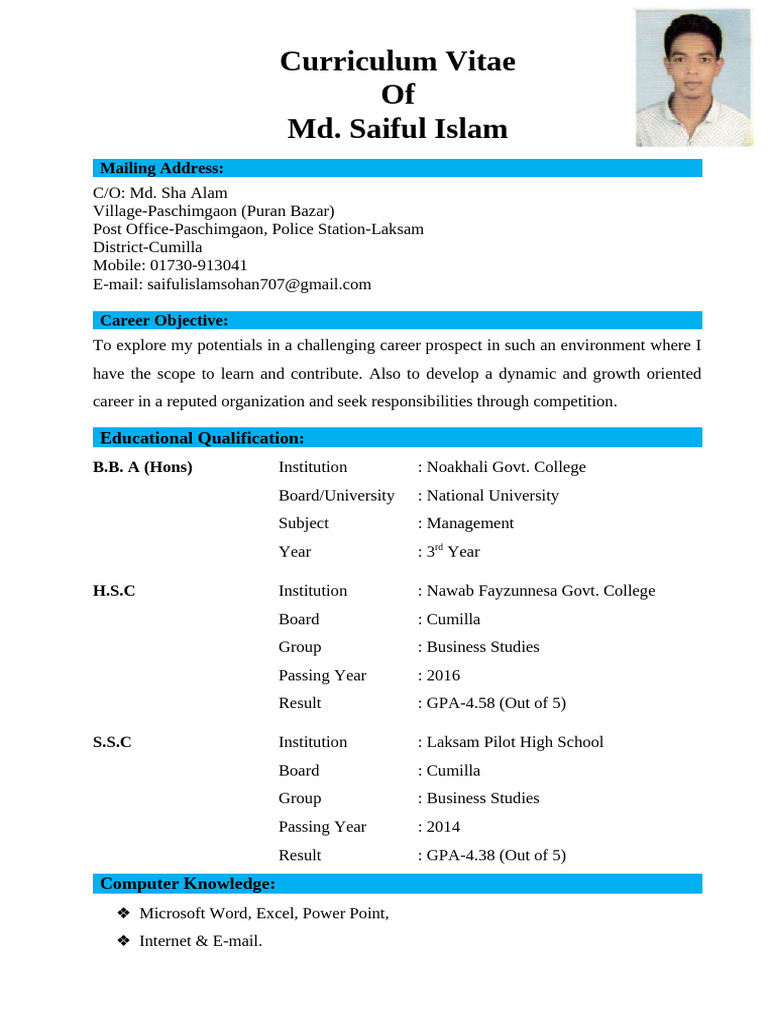 Curriculum Vitae of Md. Saiful Islam Sohan | PDF | Behavior Modification | Human Communication