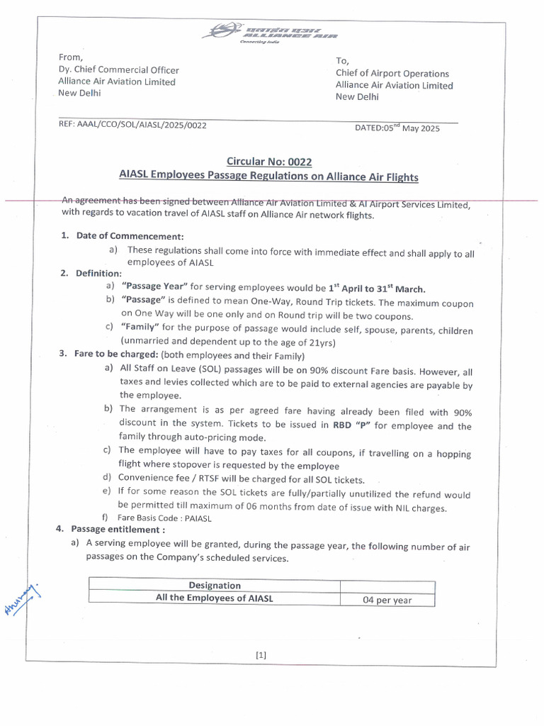 Circular No 22 - Aiasl Employees Passage Regulations On Alliance Air | PDF