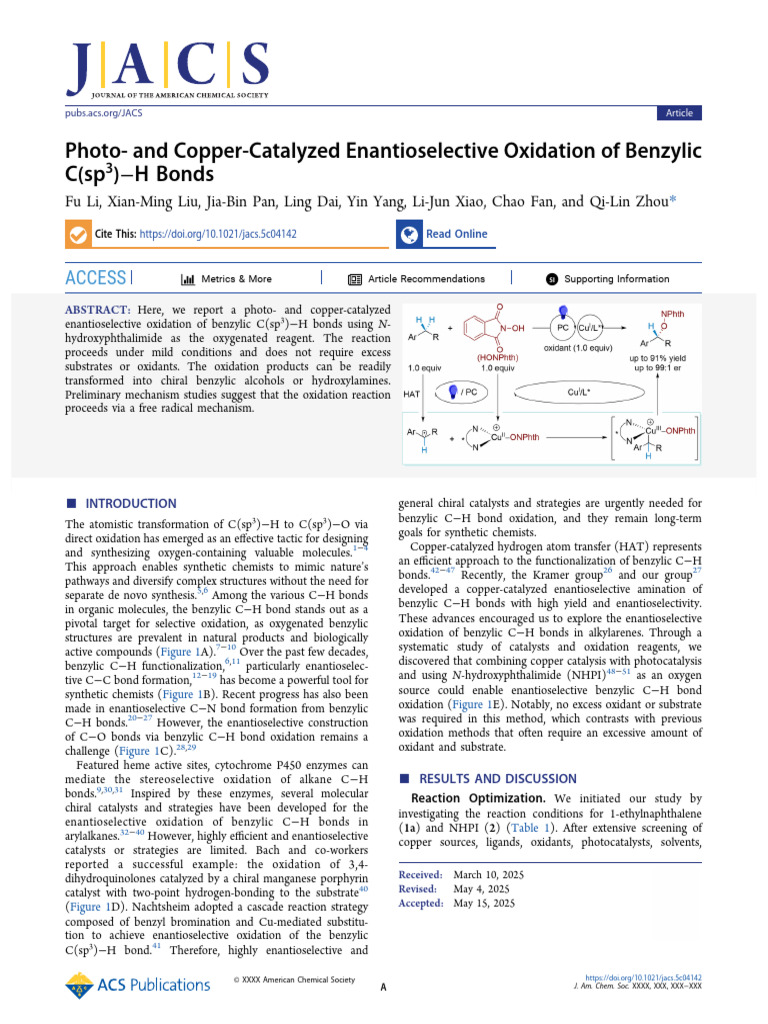 Li Et Al 2025 Photo and Copper Catalyzed Enantioselective Oxidation of Benzylic C (Sp3) H Bonds ...