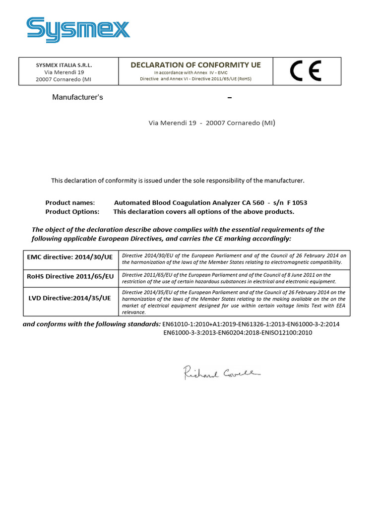 Certificazione CE Sysmex CA500 Series | PDF