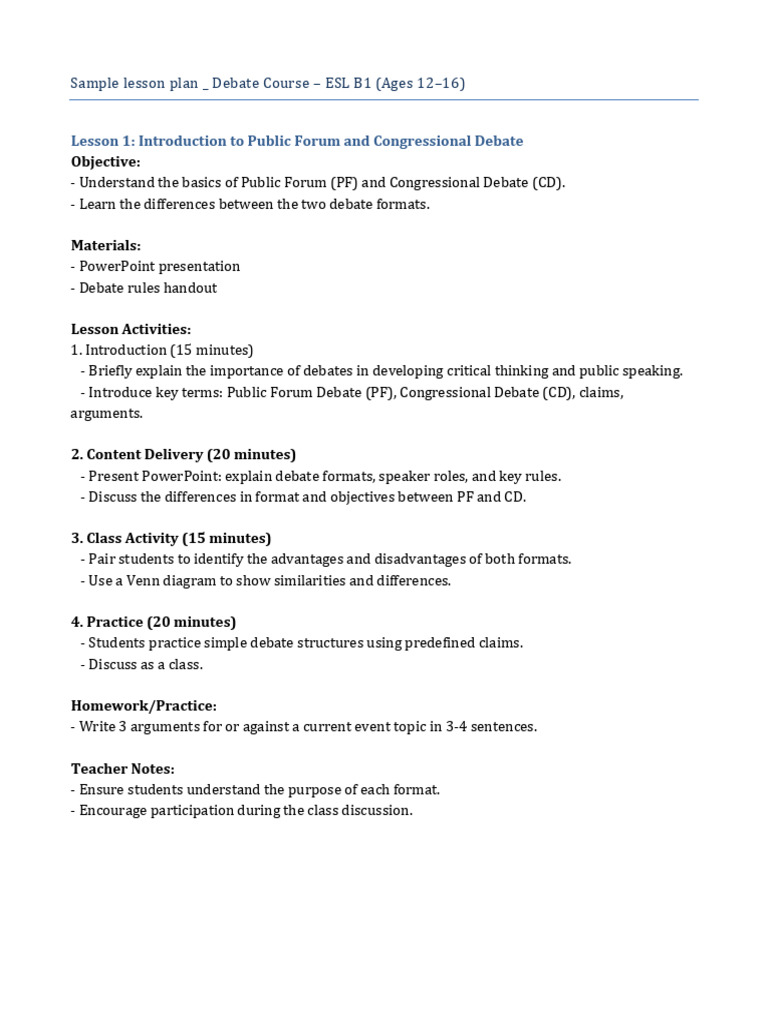 Sample Lesson Plan Debate Course | PDF | Homework | Argument