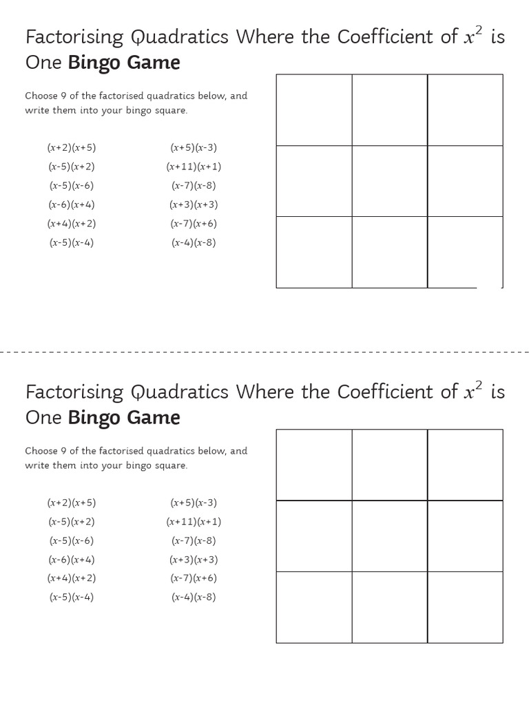 Factorising Quadratics Bingo | PDF