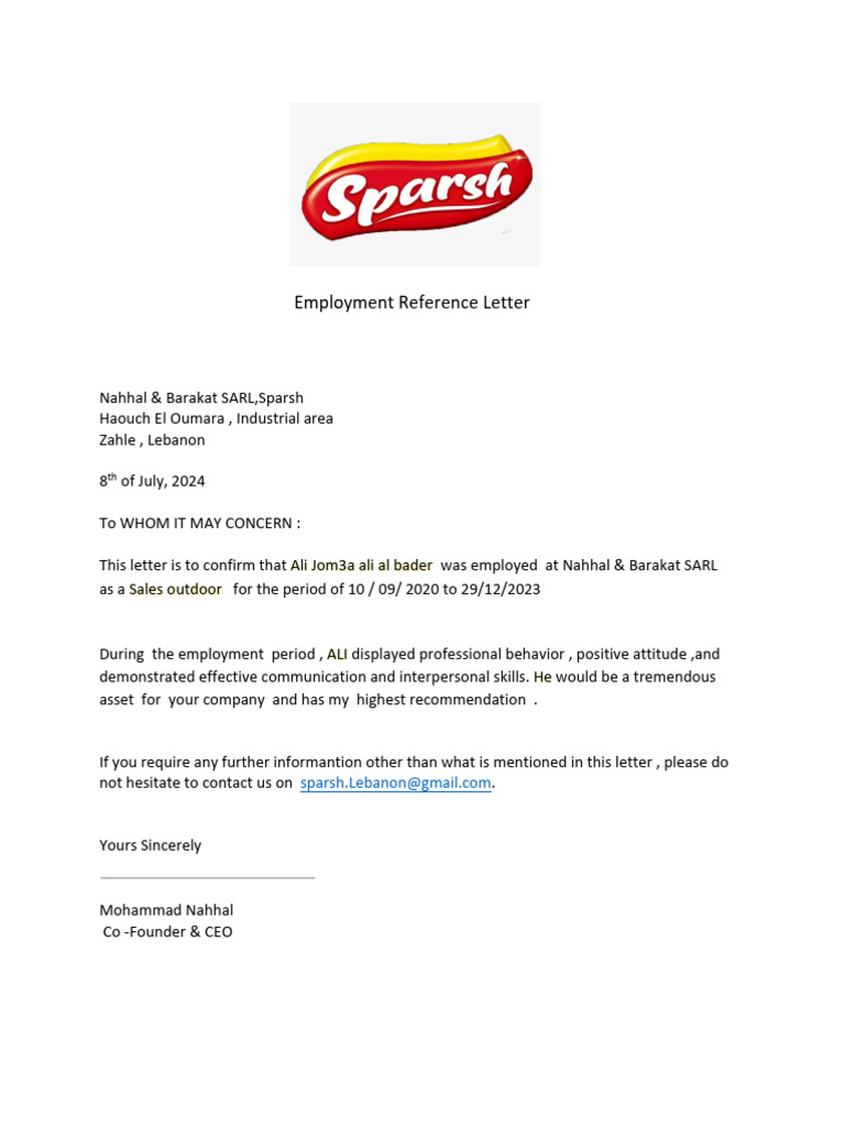 Employment Reference Letter Sparsh | PDF