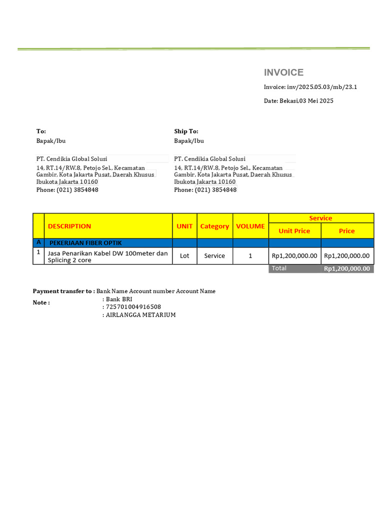 Invoice Jasa Fiber Optik PT Cendikia | PDF
