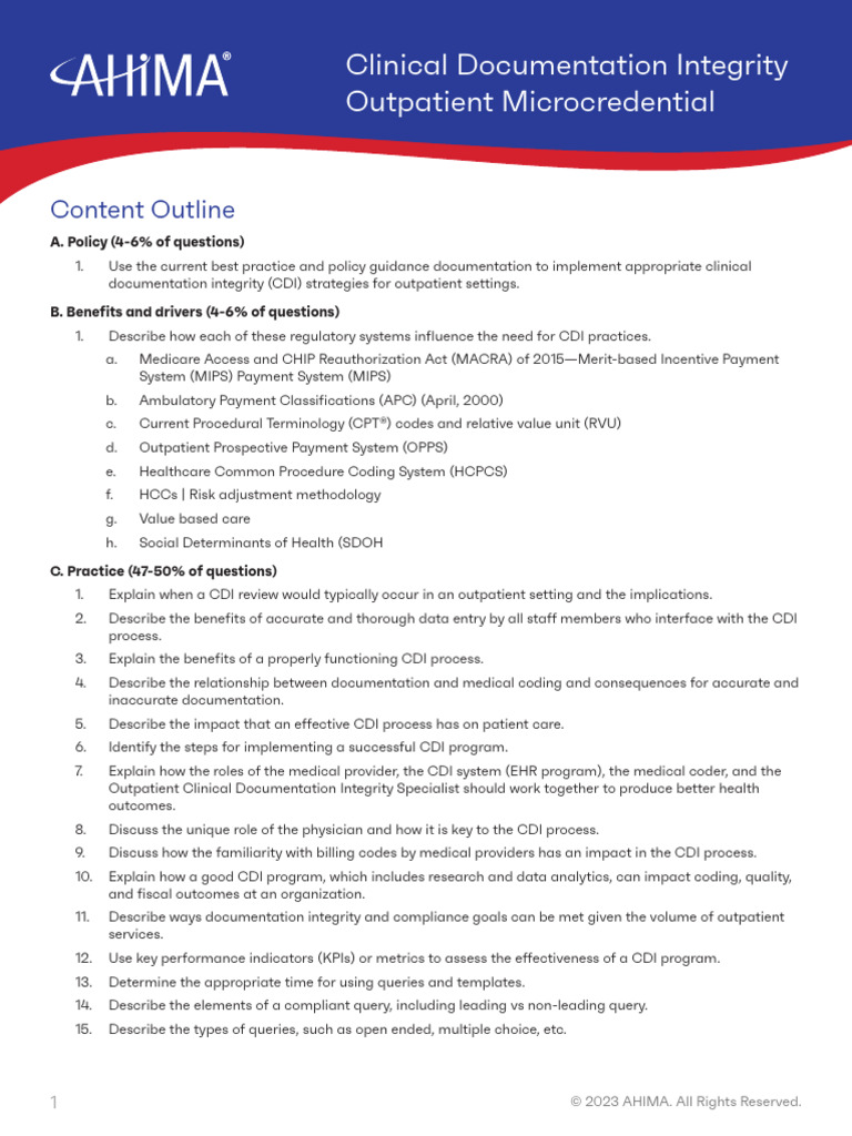 Clinical Documentation Integrity Outpatient Microcredential Contentoutline 06 2023 | PDF ...
