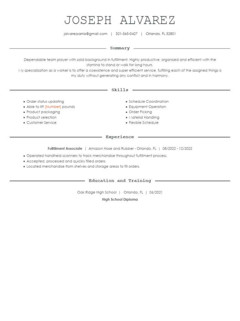 Amazon Fulfillment Associate Resume | PDF