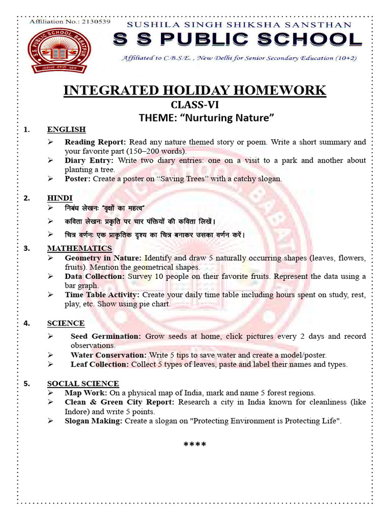 CLASS-VI (Summer Holiday Home Work) | PDF