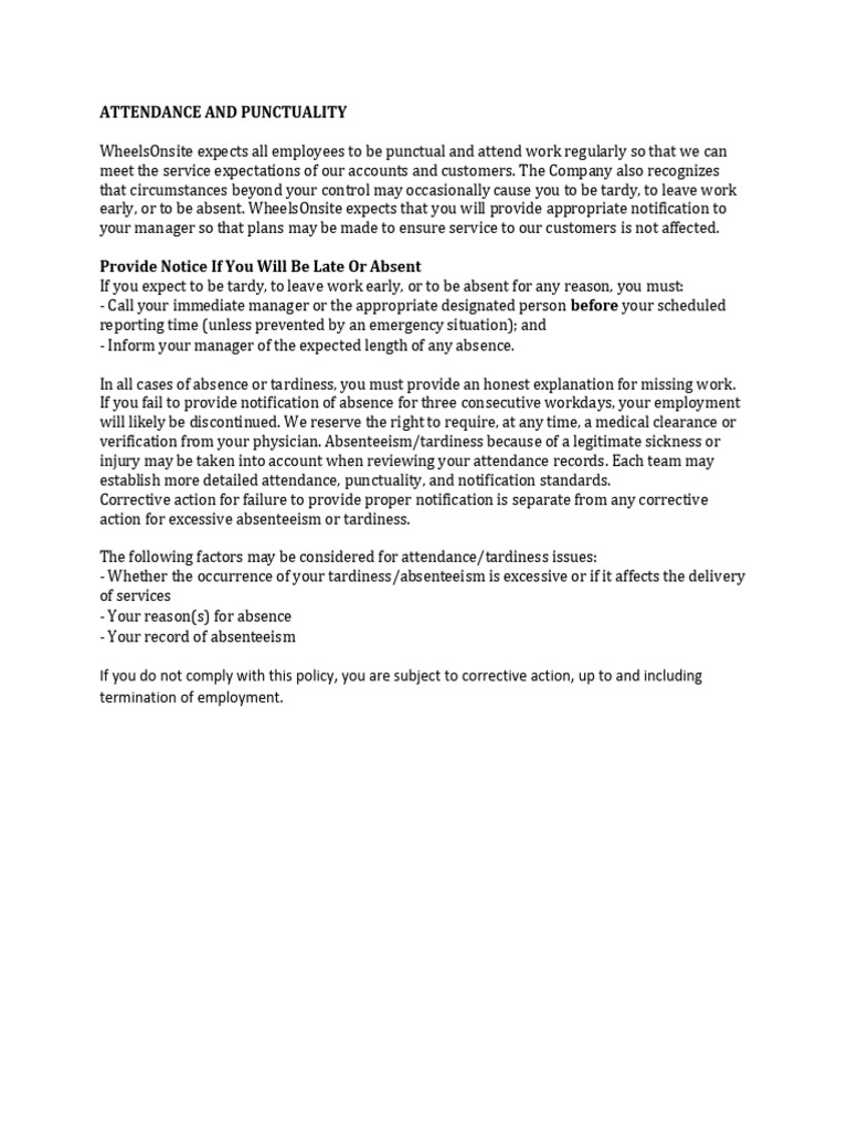 WheelsOnsite Attendance Policy Guidelines | PDF