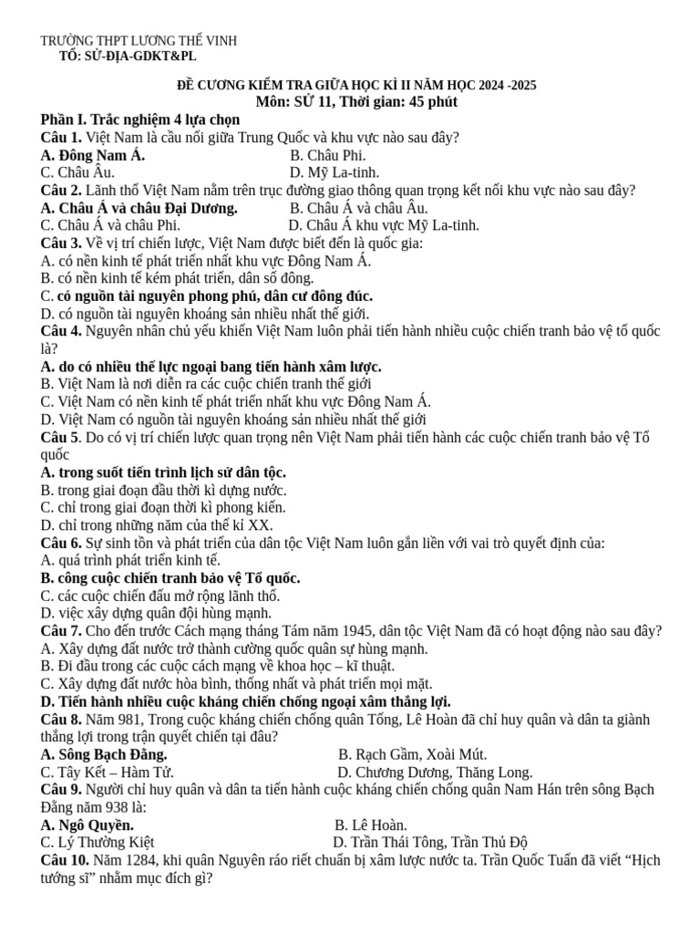 Đe Cuong On Tao SU 11 - KTGK 2 | PDF