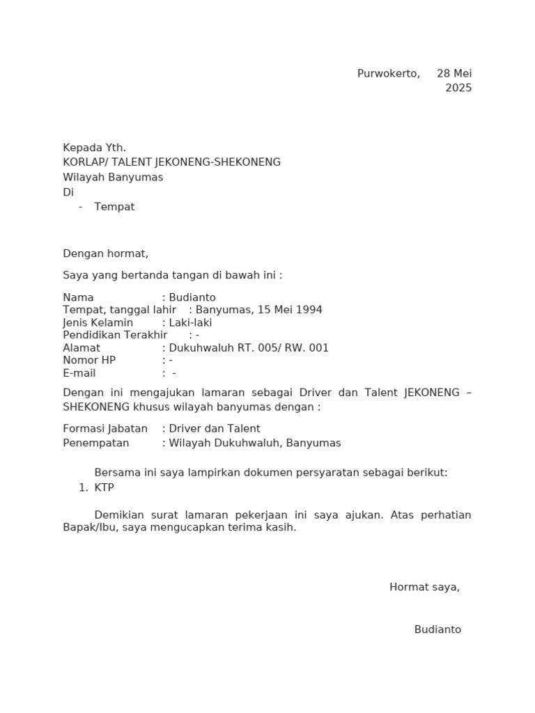 Lamaran Driver dan Talent Jekoneng | PDF