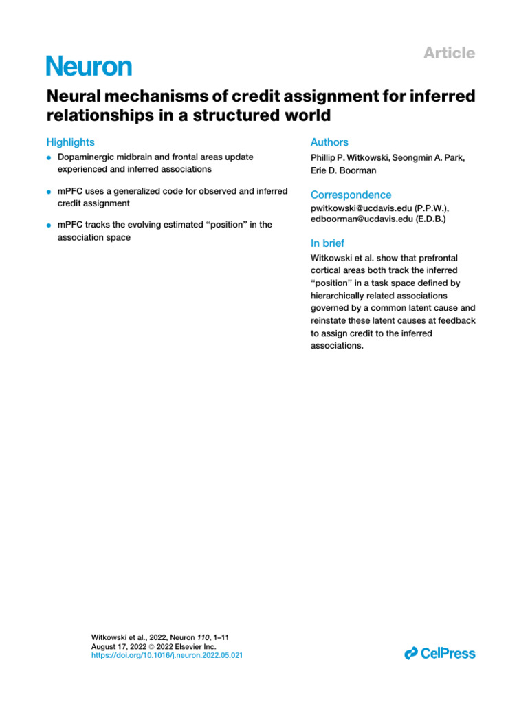 Neuron - Neural Mechanisms of Credit Assignment For Inferred | PDF | Prefrontal Cortex ...