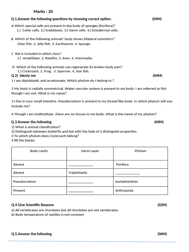 Question Paper Sci X Animal Classification | PDF