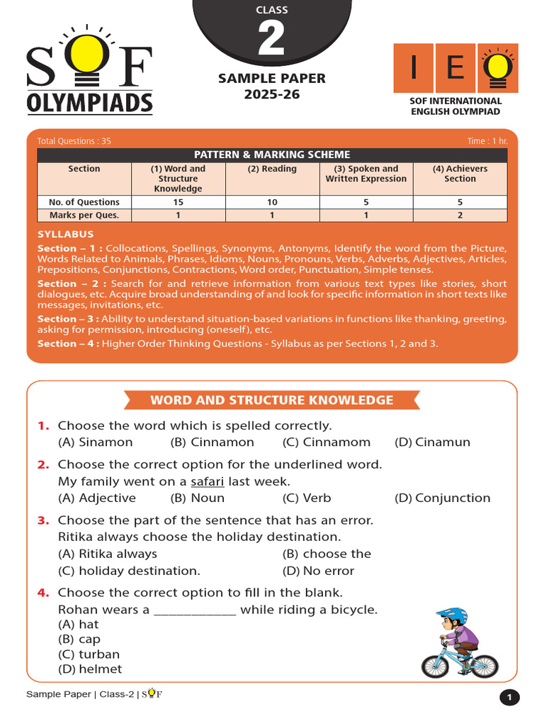 Ieo Sample Paper Class-2 | PDF | Word | Verb