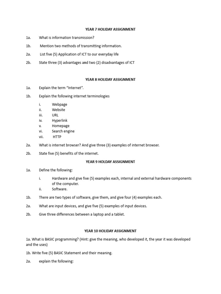 Yearly ICT Holiday Assignments Guide | PDF