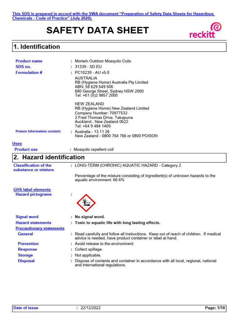 Mortein Outdoor Mosquito Coils FFPC10239 D31339 - SD EU v1.0L | PDF | Dangerous Goods | Waste