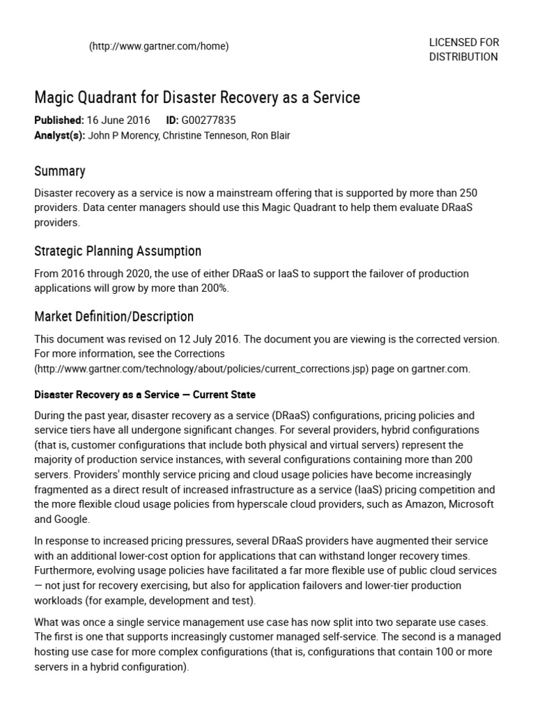 Gartner DRaaS Magic Quadrant - 2016 | PDF | Cloud Computing | Virtual Machine