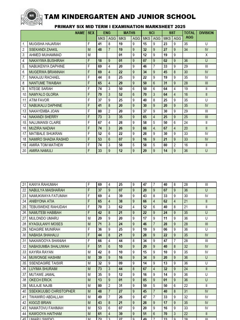 p6 Mid Term I Examination Marksheet Term I 2025 | PDF