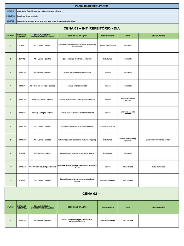 Planilha de Decupagem - XLSX - CENA 01 | PDF