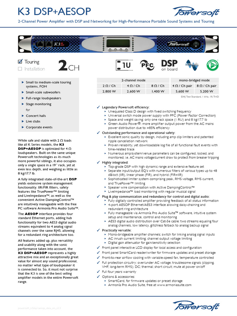 Powersoft K3 DSP Amplifier Overview | PDF | Decibel | Amplifier