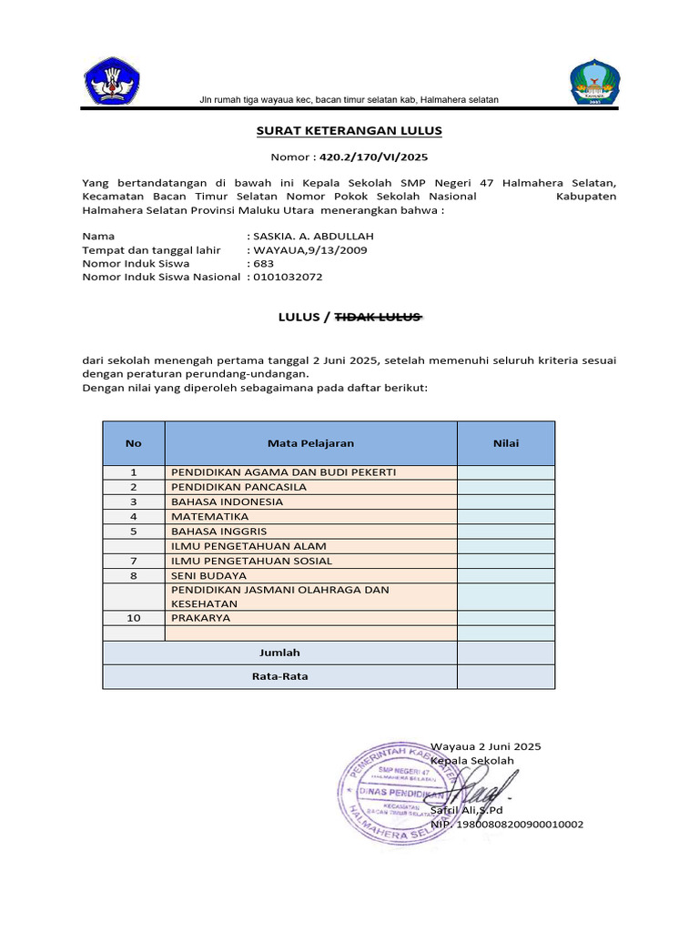 Surat Keterangan Lulus SMP Halmahera | PDF
