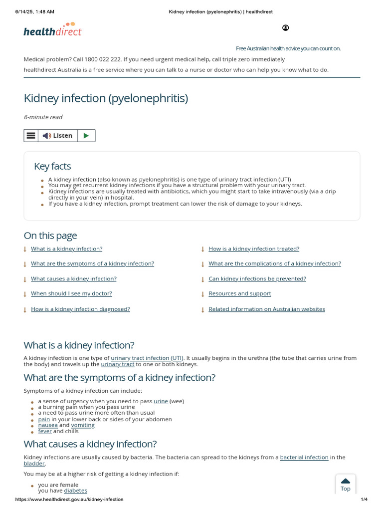 Kidney Infection (Pyelonephritis) | PDF | Urinary Tract Infection ...