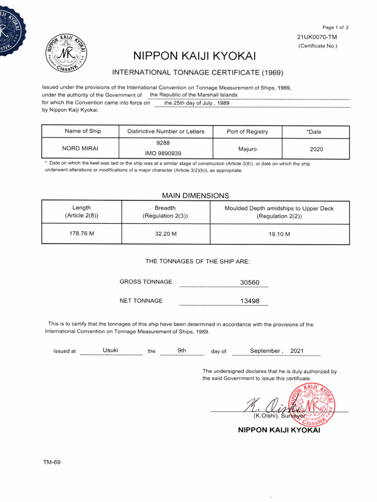 Nord Mirai - International Tonnage Certificate | PDF