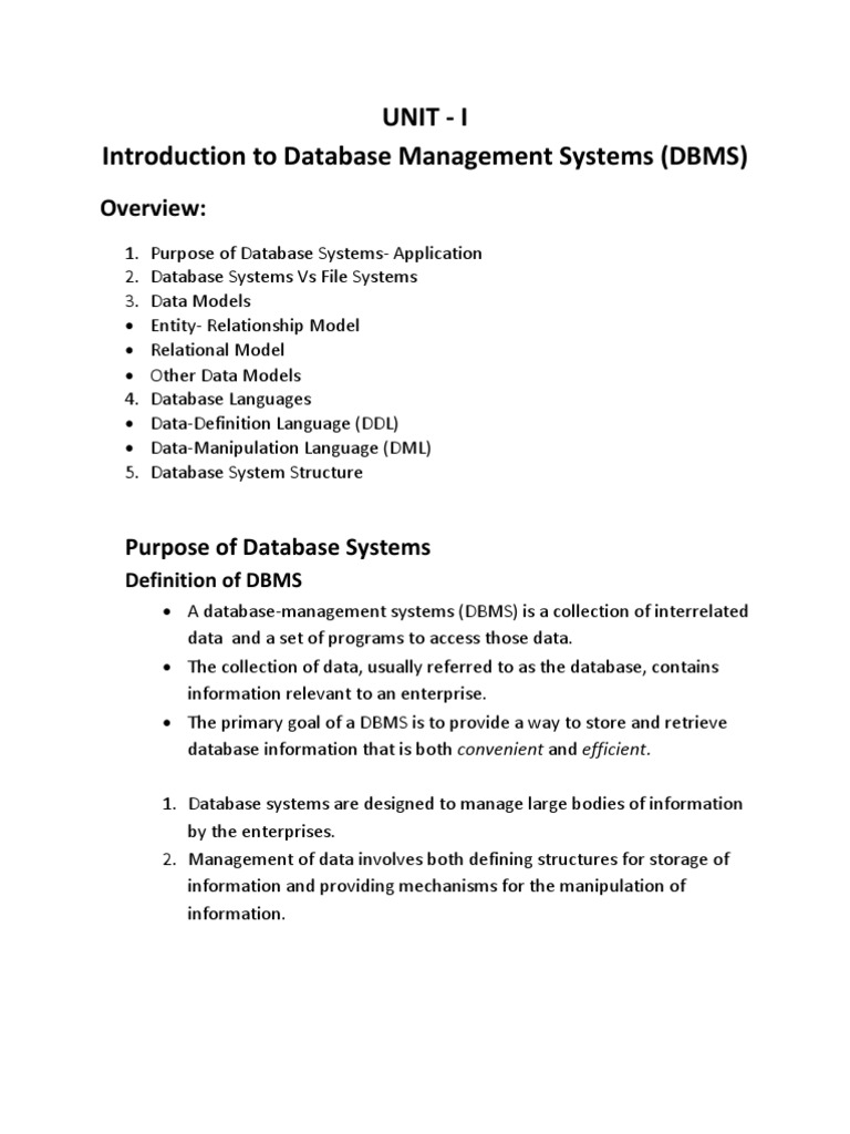 Unit - I Introduction To Database Management Systems (DBMS) : Overview | PDF | Relational Model ...