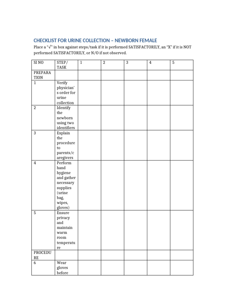 Urine Collection Checklist Newborn Female | PDF | Medicine | Medical ...
