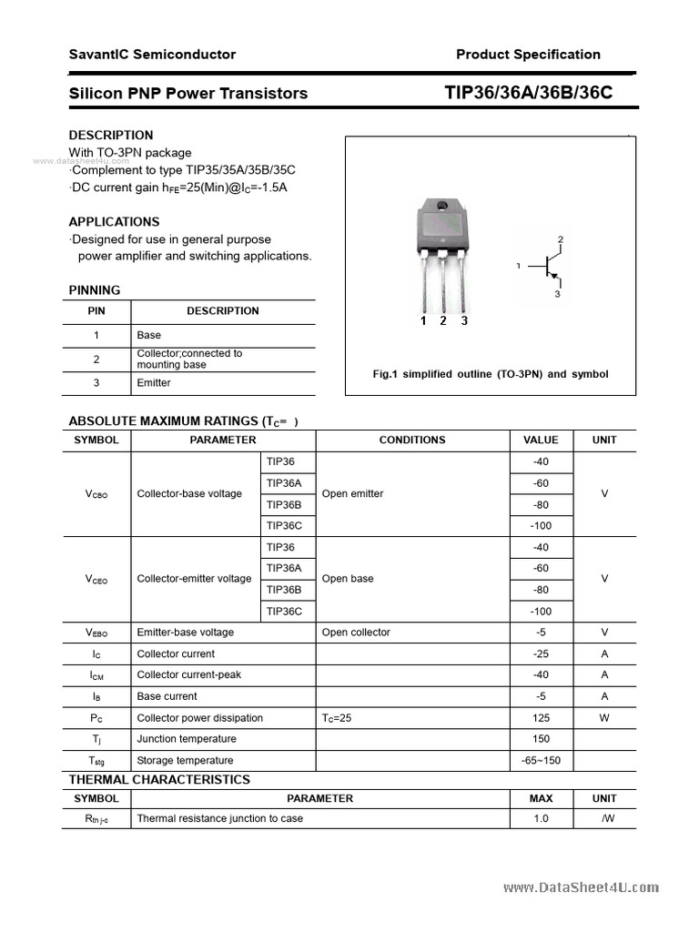 TIP36 SavantIC | PDF | Bipolar Junction Transistor | Electronic Circuits