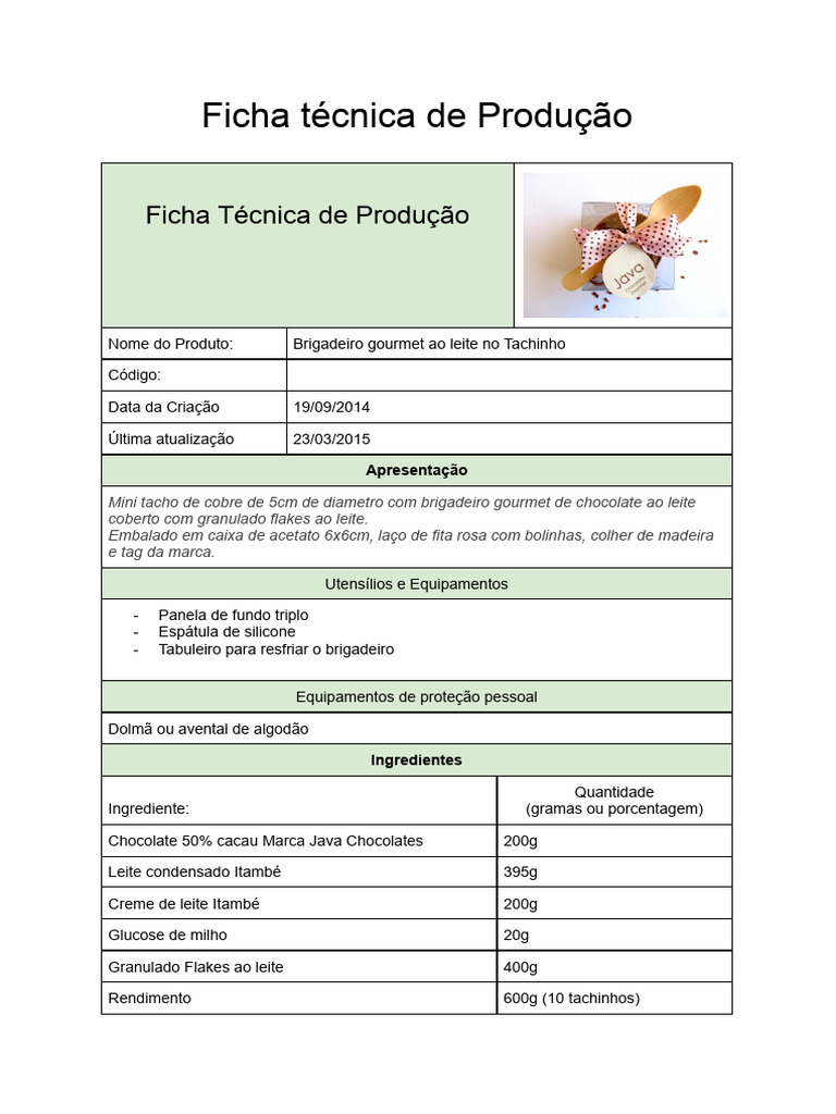 Modelo Ficha Tecnica de Produto Producao | PDF | Chocolate | Leite