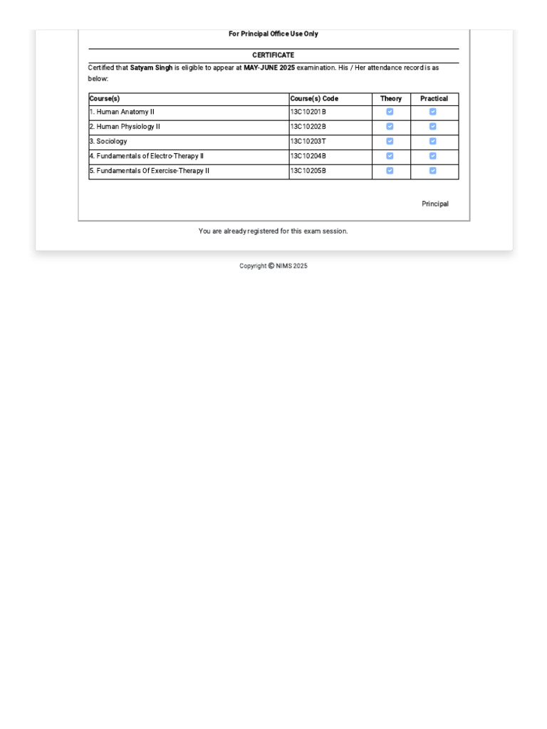 NIMS - Student Exam Register | PDF